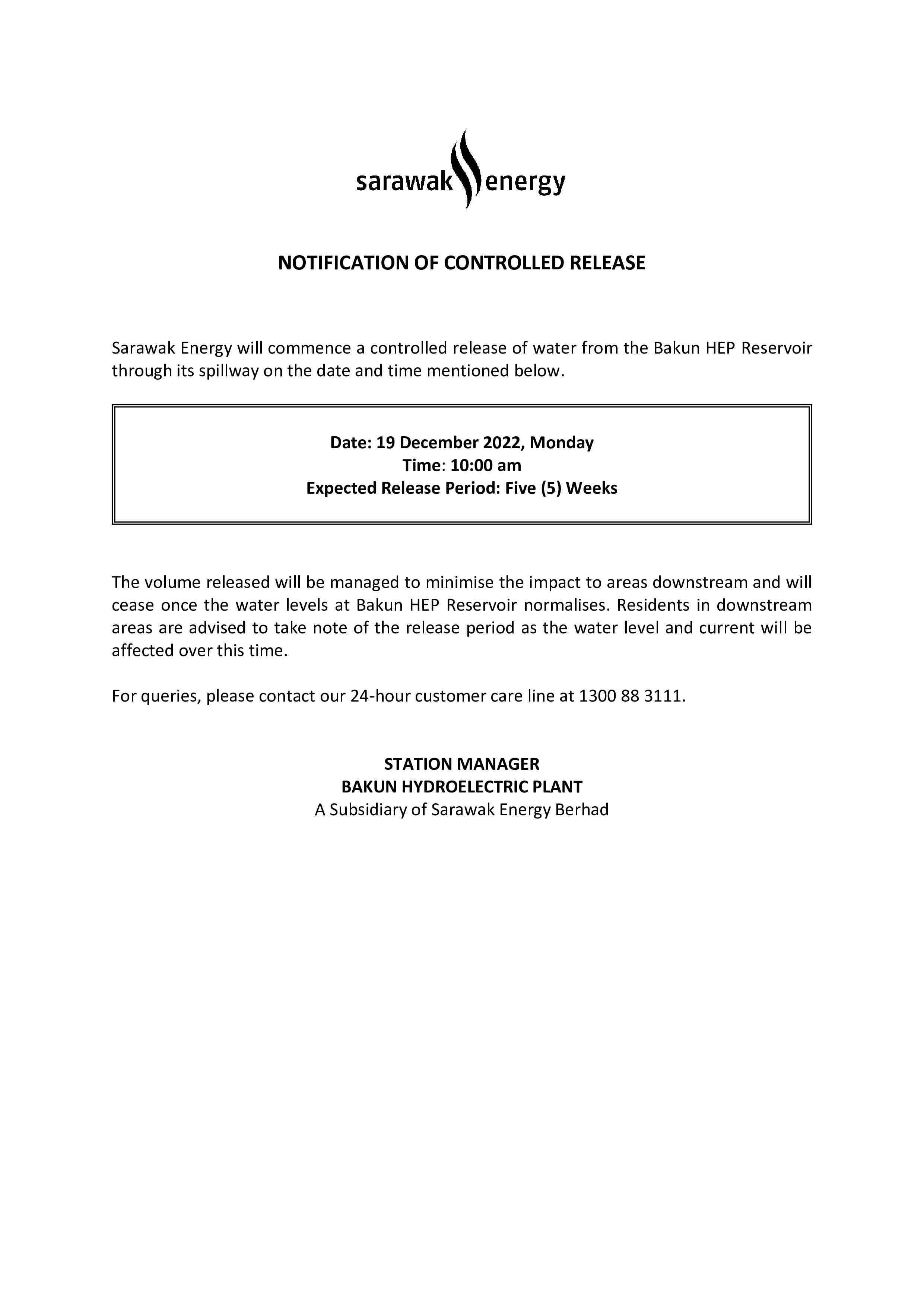 BAKUN HEP CONTROLLED RELEASE PLAN - Sarawak Energy